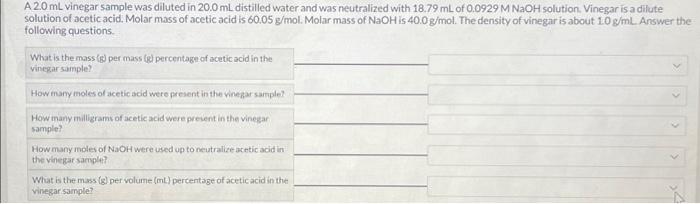 A 2.0 mL vinegar sample was diluted in 20.0 mL | Chegg.com