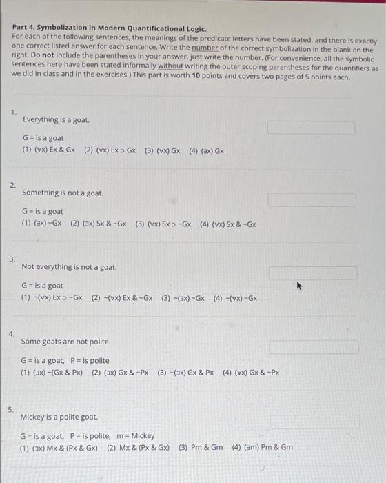 Solved Part 4. Symbolization in Modern Quantificational | Chegg.com
