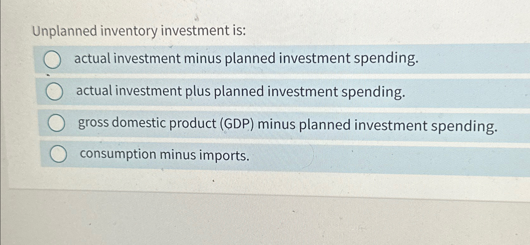 Solved Unplanned inventory investment is: ﻿actual | Chegg.com
