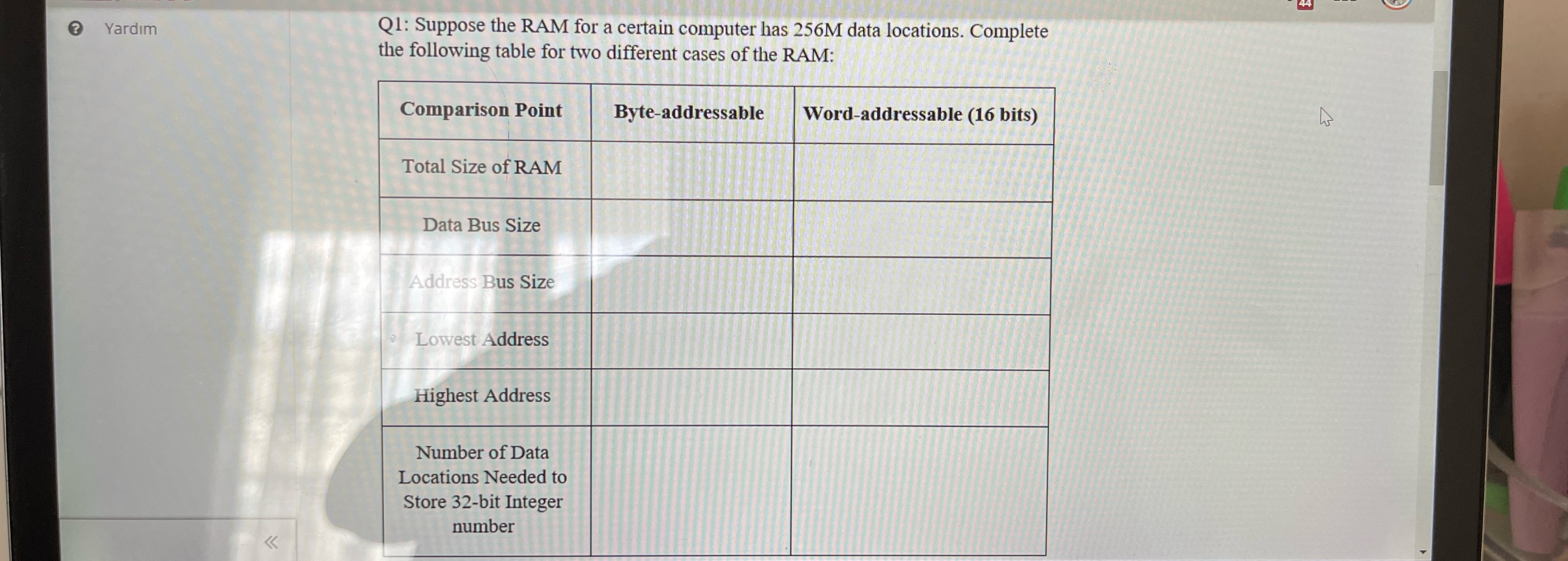 YardımQ1: Suppose the RAM for a certain computer has | Chegg.com