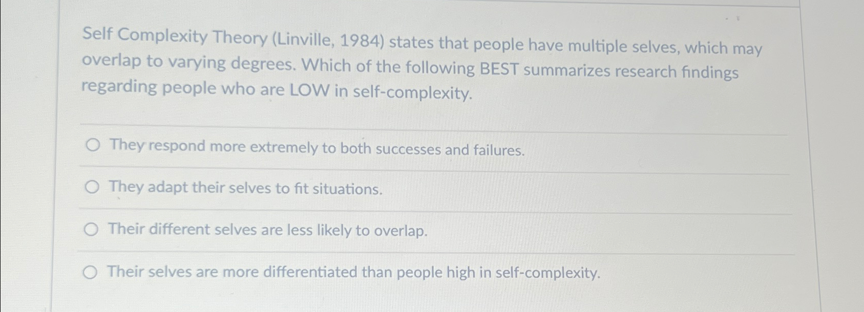 Solved Self Complexity Theory (Linville, 1984) ﻿states that | Chegg.com