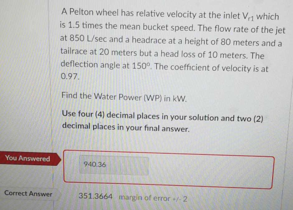 Solved A Pelton wheel has relative velocity at the inlet Vr1 | Chegg.com