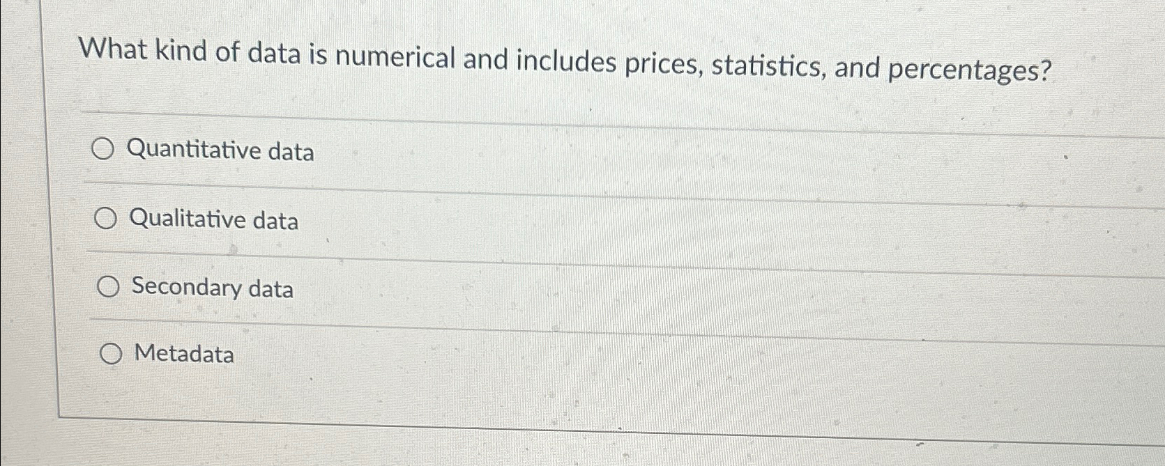 Solved What kind of data is numerical and includes prices, | Chegg.com