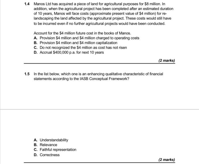Solved 1.4 Manos Ltd has acquired a piece of land for | Chegg.com