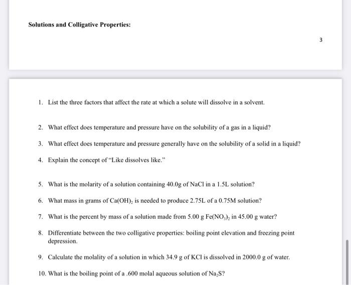 Solved Solutions and Colligative Properties: 1. List the | Chegg.com