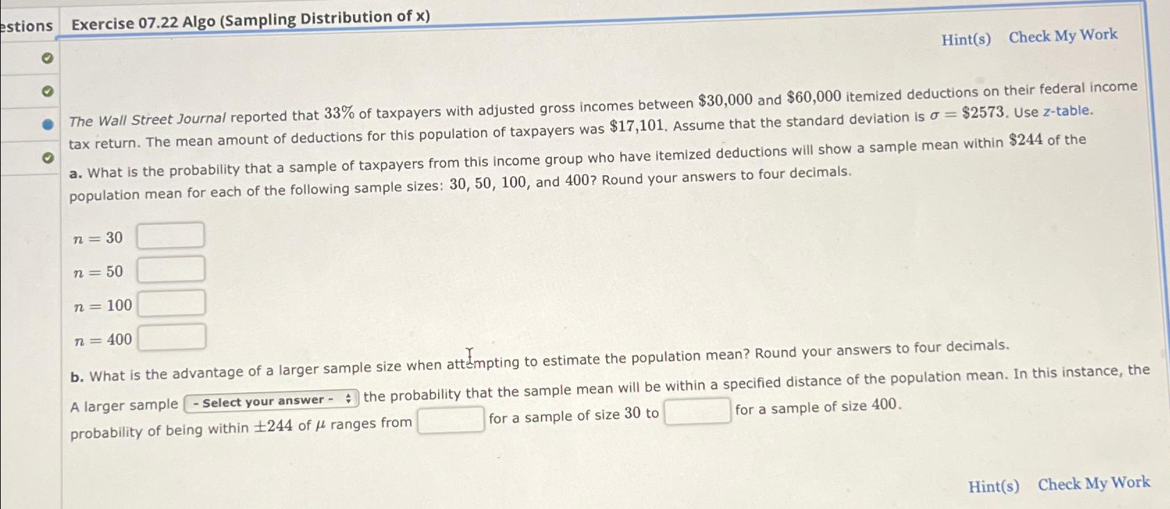 Solved Exercise 07.22 ﻿Algo (Sampling Distribution of | Chegg.com