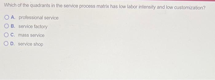 Solved Which of the quadrants in the service process matrix | Chegg.com