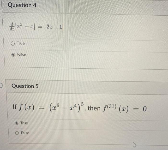 Solved dxd∣∣x2+x∣∣=∣2x+1∣ True False Question 5 If | Chegg.com