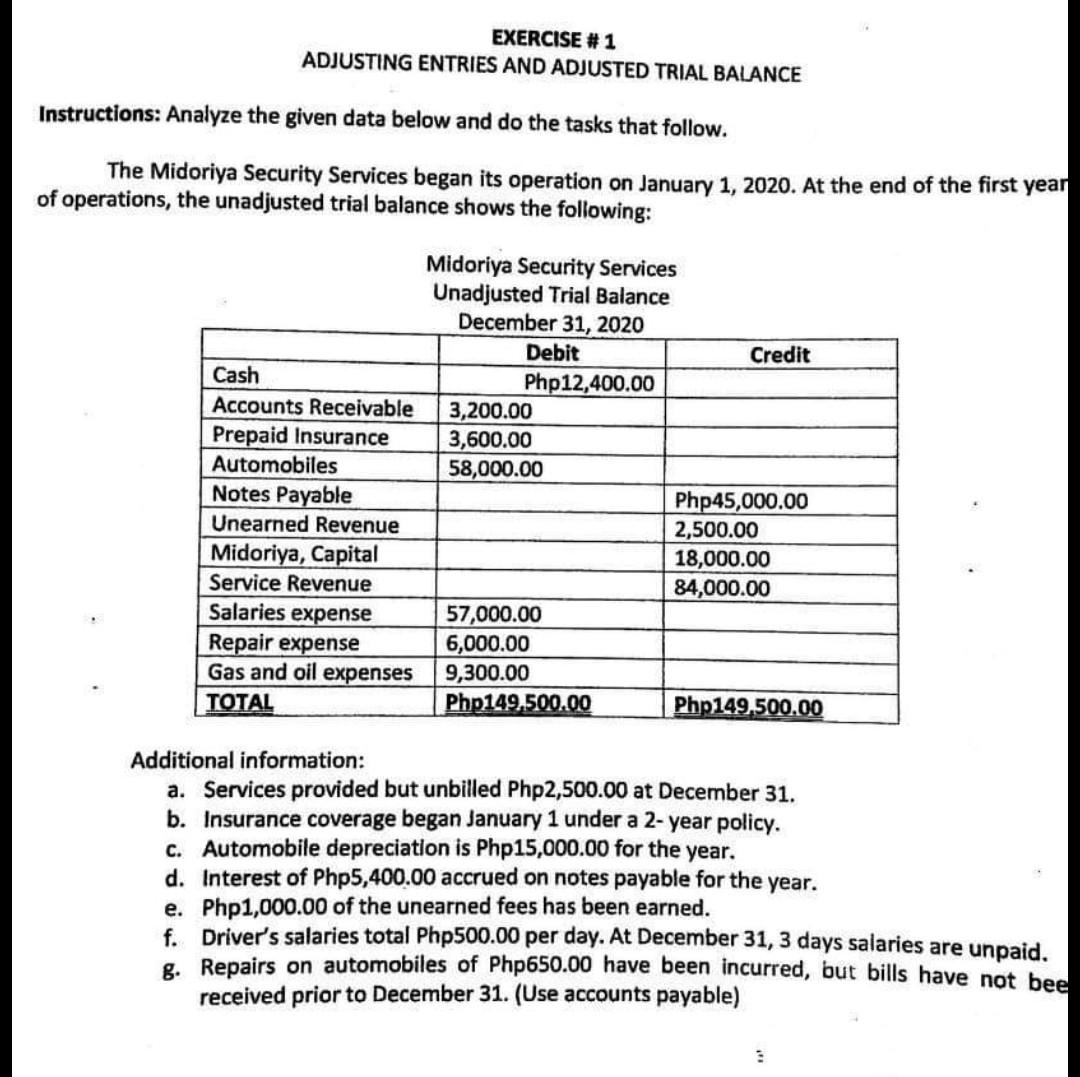 Solved EXERCISE # 1 ADJUSTING ENTRIES AND ADJUSTED TRIAL | Chegg.com