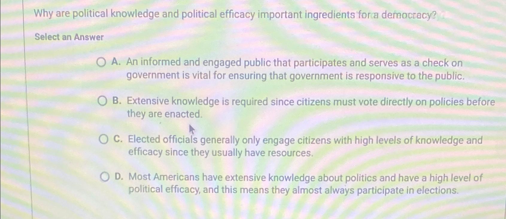 Solved Why are political knowledge and political efficacy | Chegg.com