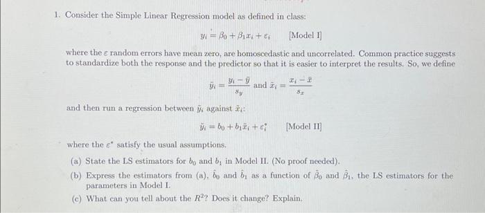 Solved 1. Consider the Simple Linear Regression model as | Chegg.com