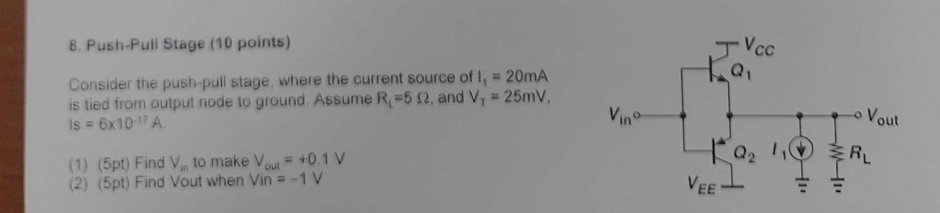 Solved 8. Push-Pull Stage (10 points) Consider the push-pull | Chegg.com
