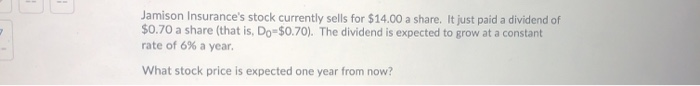 Solved Jamison Insurance's stock currently sells for $14.00 | Chegg.com
