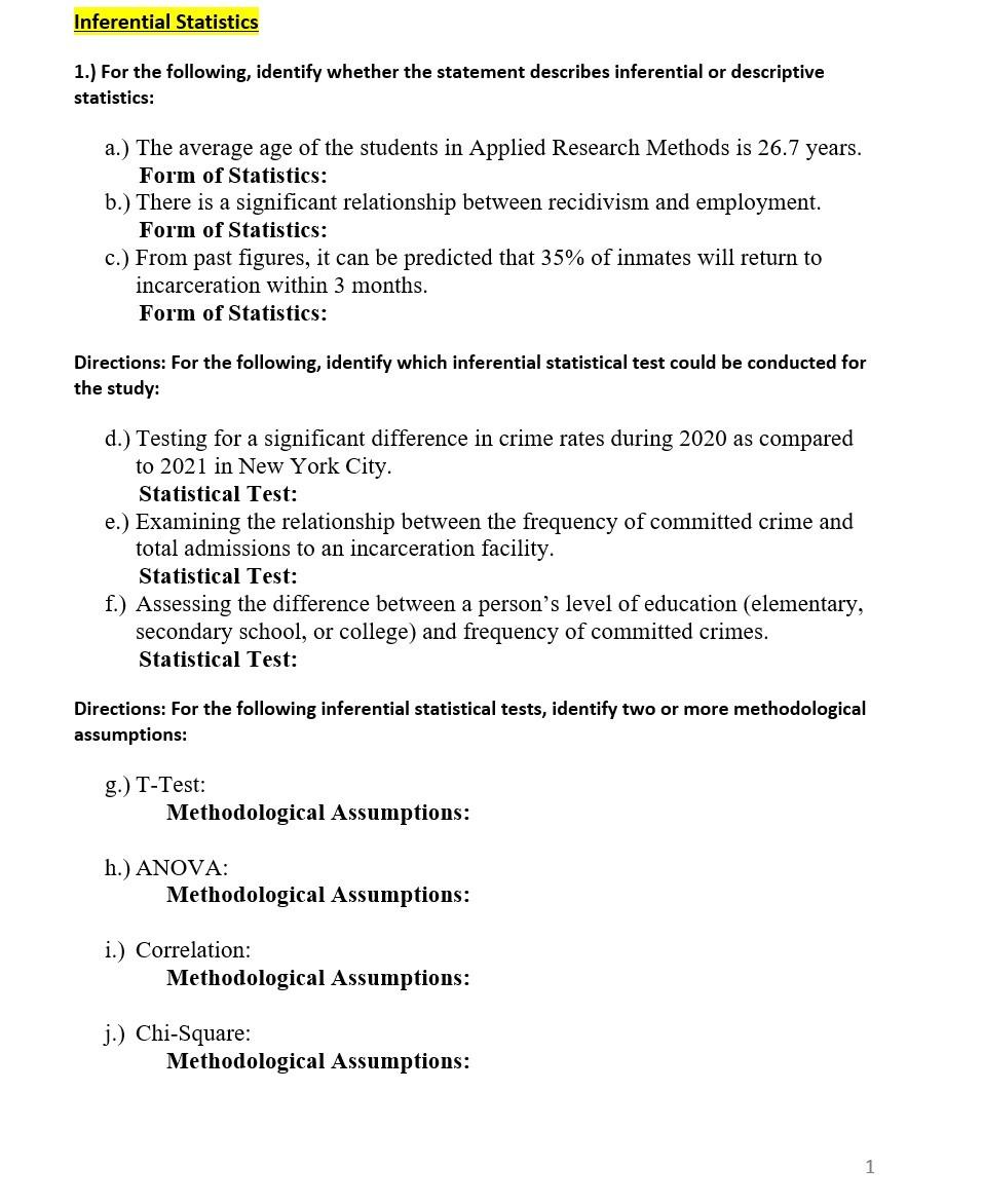 Solved Inferential Statistics 1.) For the following, | Chegg.com