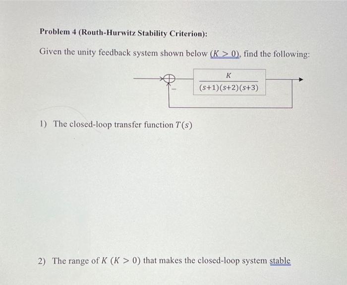 Solved Problem 4 (Routh-Hurwitz Stability Criterion): Given | Chegg.com