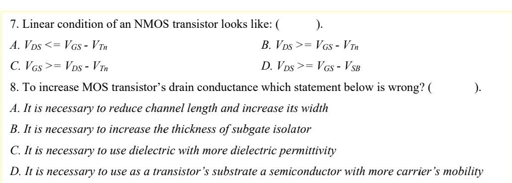 Solved 7. Linear condition of an NMOS transistor looks | Chegg.com