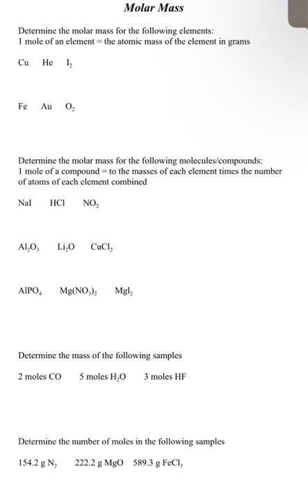 Solved Molar Mass Determine the molar mass for the following | Chegg.com