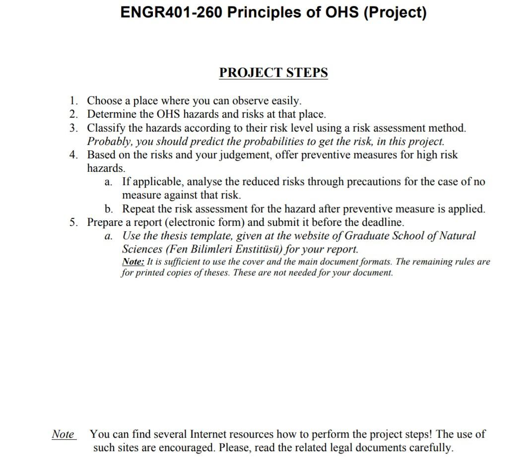 Solved ENGR401-260 Principles of OHS (Project) PROJECT STEPS | Chegg.com