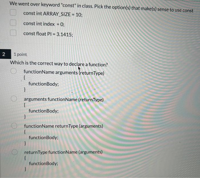 Solved We Went Over Keyword Const In Class Pick The