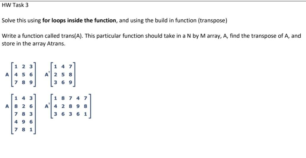 Solved Solve this using for loops inside the function, and | Chegg.com
