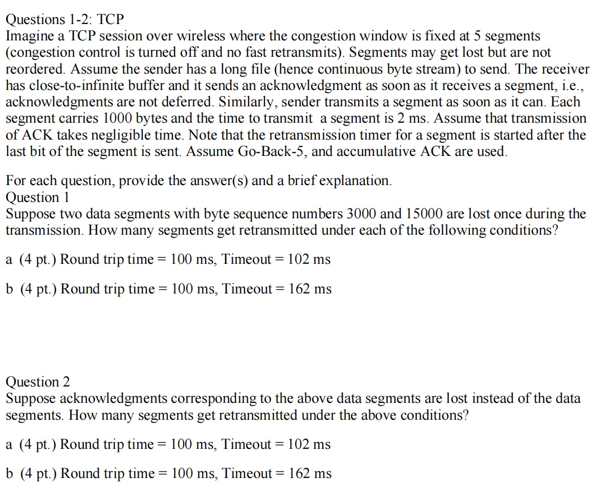 Solved Questions 1-2: TCPImagine a TCP session over wireless | Chegg.com
