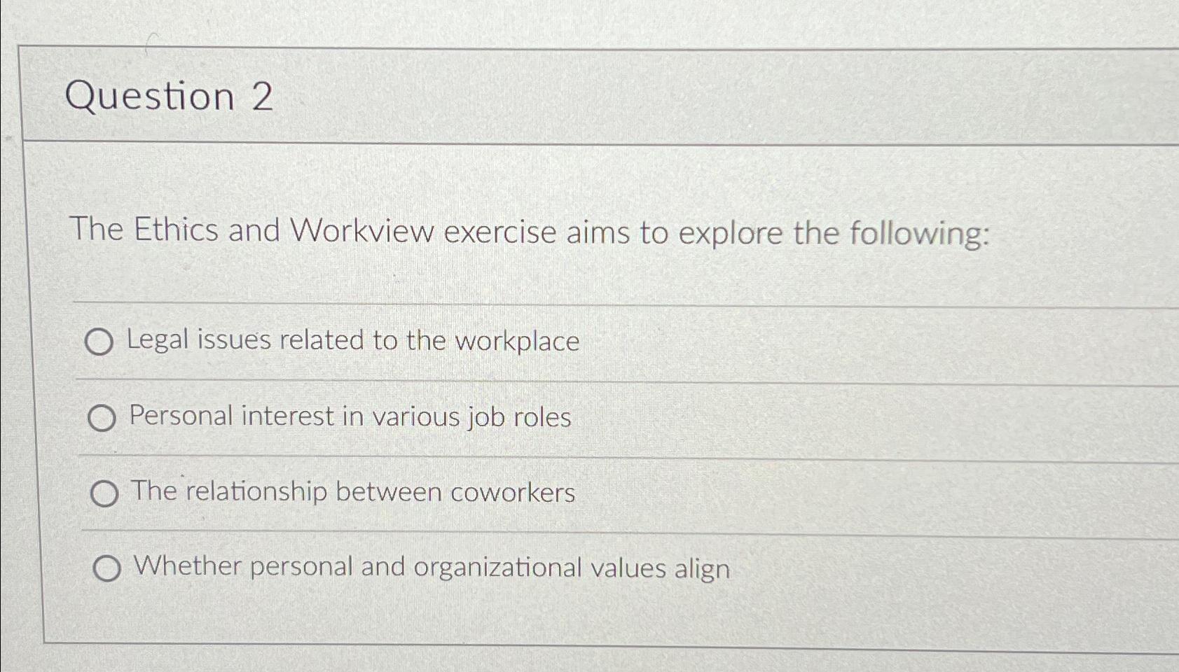 Solved Question 2The Ethics and Workview exercise aims to | Chegg.com