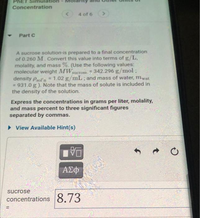 Solved PhET Simulation - Molarity and Other Units of | Chegg.com