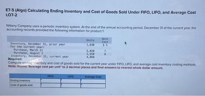 Solved E7-5 (Algo) Calculating Ending Inventory and Cost of | Chegg.com