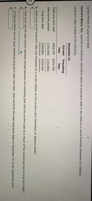 Solved Current Portion of Long-Term Debt Connie's Bistro, | Chegg.com