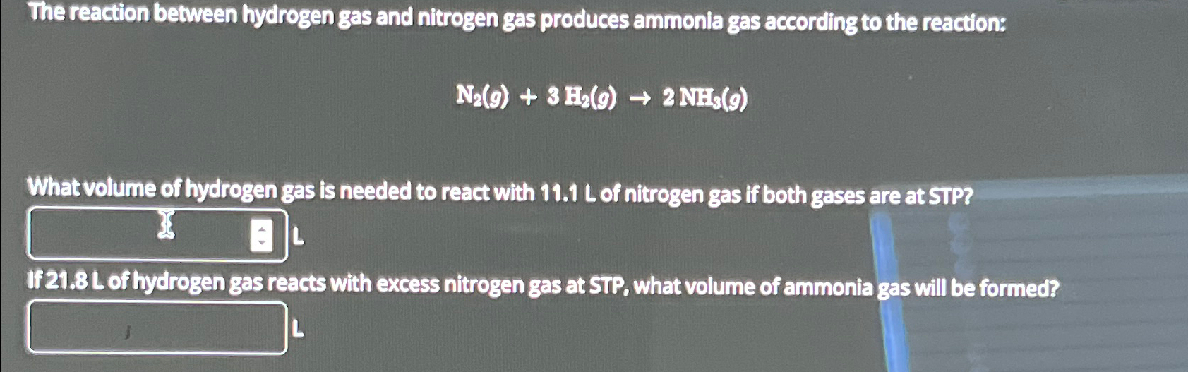 Solved The reaction between hydrogen gas and nitrogen gas | Chegg.com