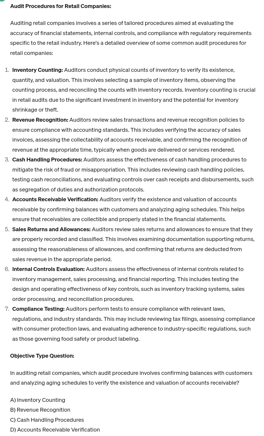 Solved Audit Procedures for Retail Companies:Auditing retail | Chegg.com