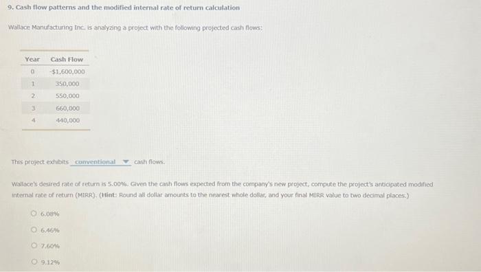 Solved 9. Cash flow patterns and the modified internal rate | Chegg.com