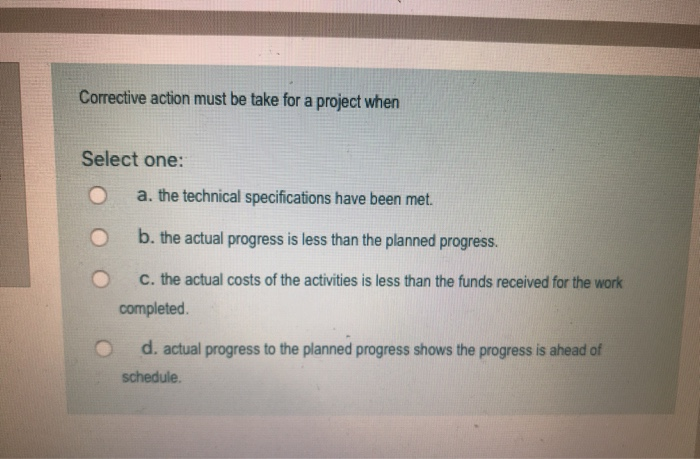 Solved Corrective action must be take for a project when | Chegg.com