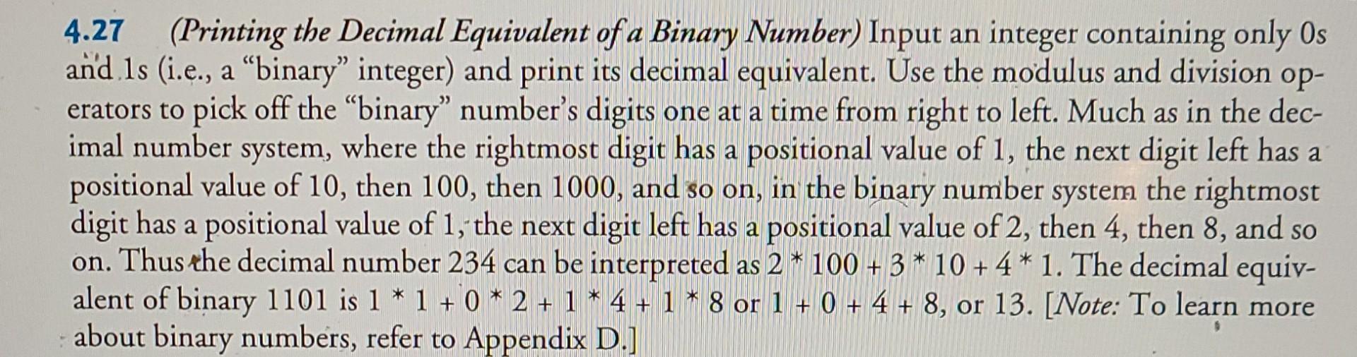 Solved 4.27 (Printing the Decimal Equivalent of a Binary | Chegg.com