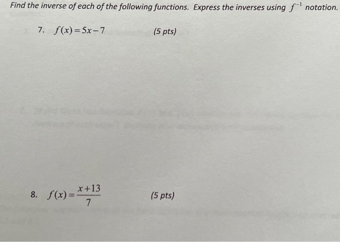 Solved Find the inverse of each of the following functions. | Chegg.com