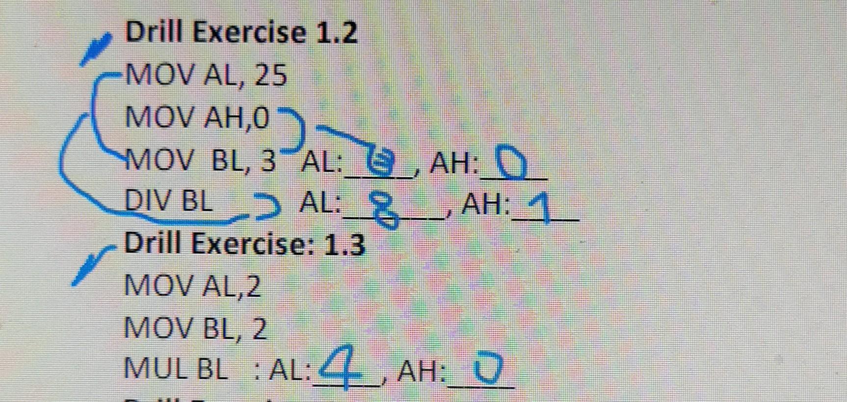 Solved Drill Exercise 1.2 MOV AL, 25 MOVAH,O MOV BL, 3−AL : | Chegg.com