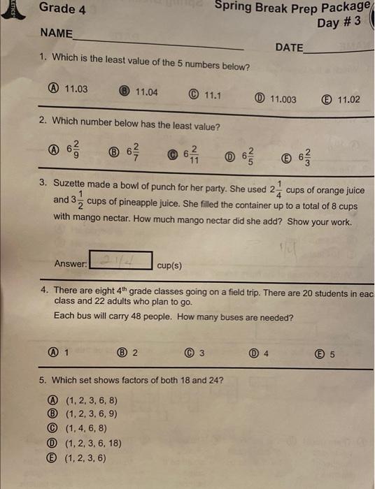Solved Grade 4 Spring Break Prep Package Day #3 NAME DATE 1. | Chegg.com