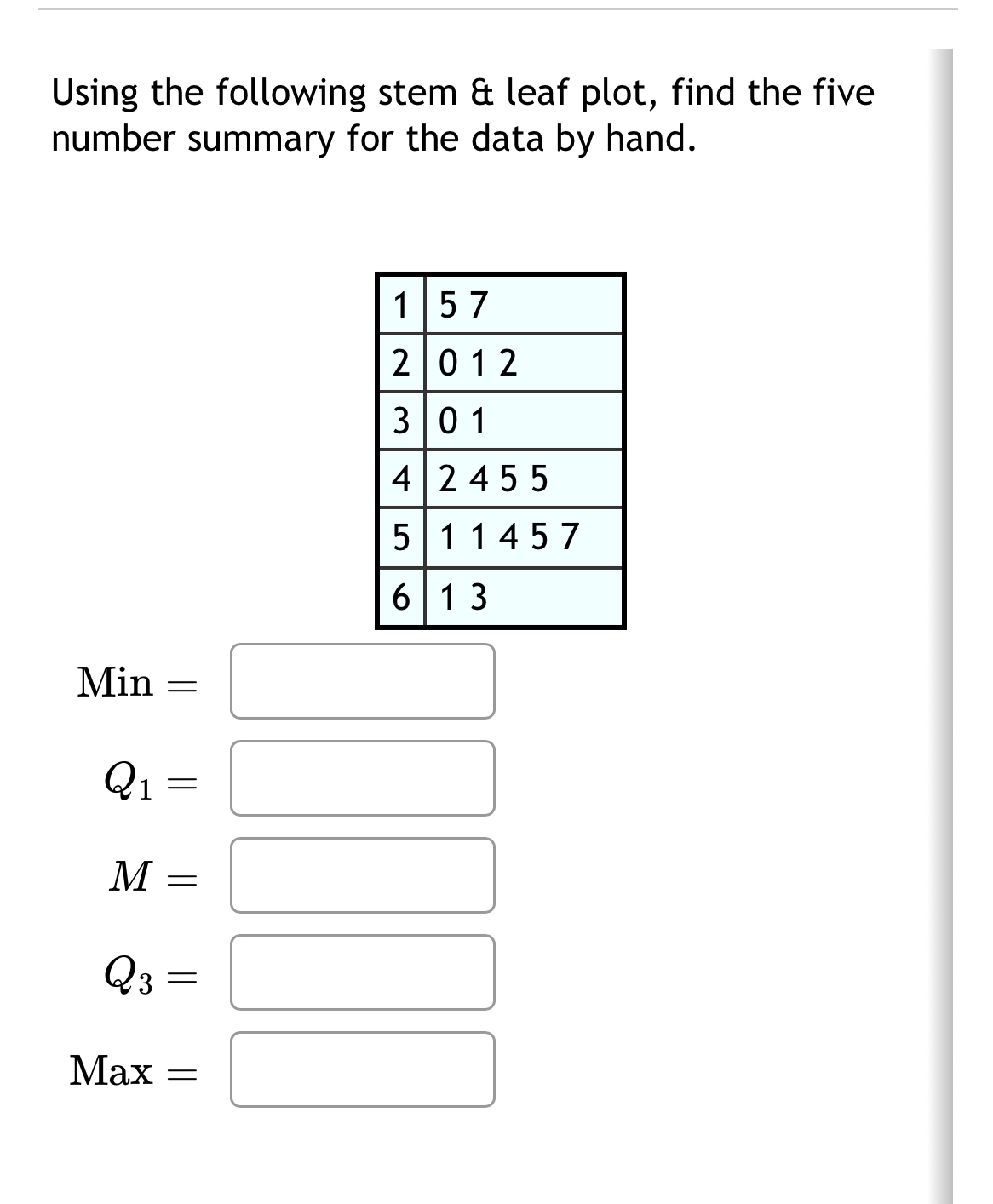 Using the following stem & leaf plot, find the five | Chegg.com