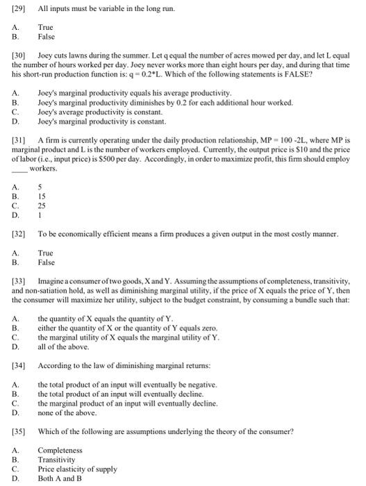 Solved [29] All inputs must be variable in the long run. A. | Chegg.com