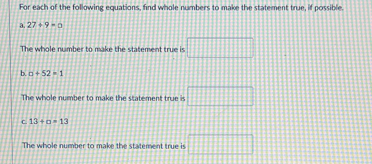 Solved For each of the following equations, find whole | Chegg.com