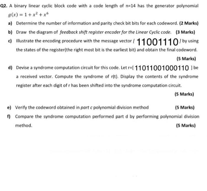 Solved Q2 A Binary Linear Cyclic Block Code With A Code 