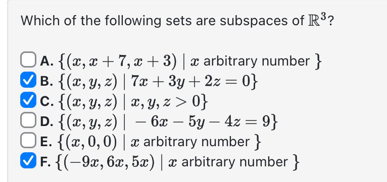 Solved Which of the following sets are subspaces of R3 ?A. | Chegg.com