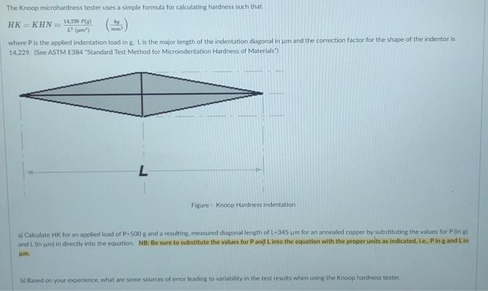Solved The Knoop microhardness tester uses a simple formula | Chegg.com