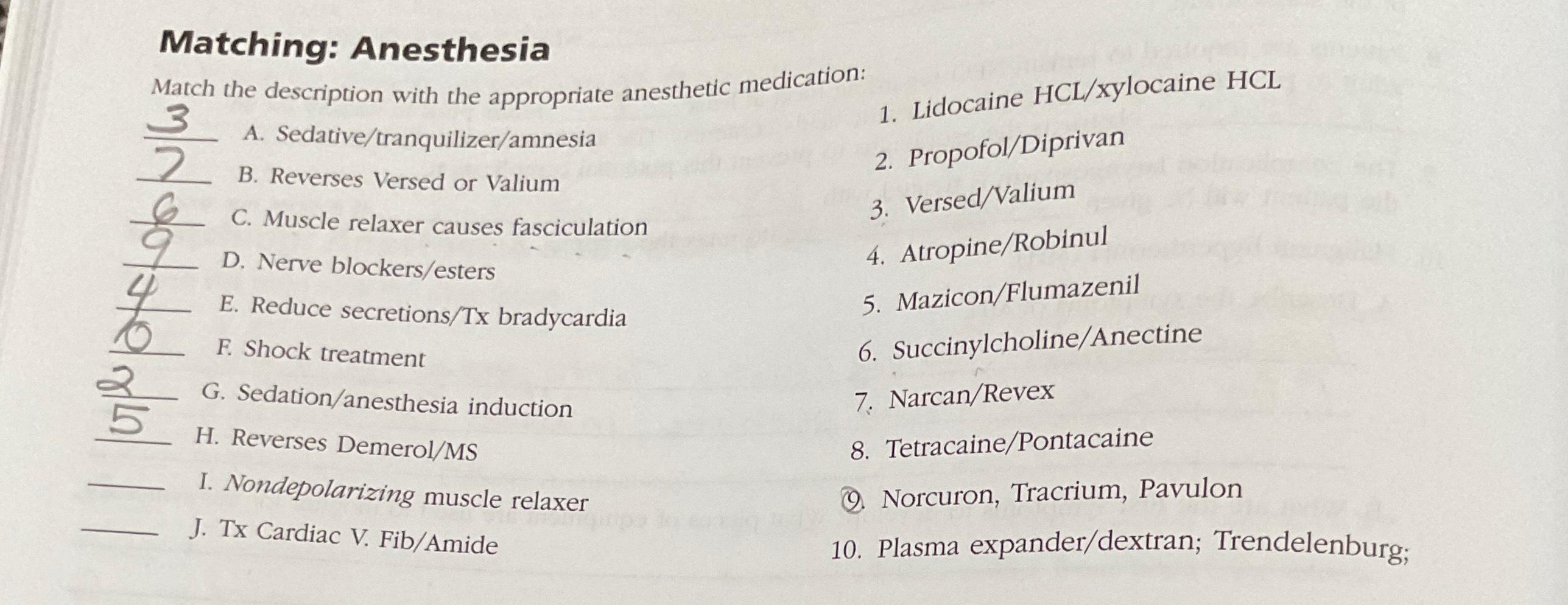 Solved Matching: AnesthesiaMatch the description with the | Chegg.com