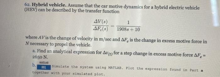 Solved 62. Hybrid vehicle. Assume that the car motive | Chegg.com