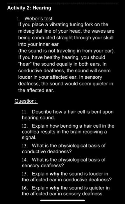 Solved Activity 2: Hearing 1. Weber's test If you place a | Chegg.com