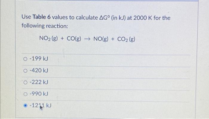 Solved Use Table 6 values to calculate AGº (in kJ) at 2000 K | Chegg.com Solved Use Table 6 values to calculate AGº (in kJ) at 2000 K | Chegg.com