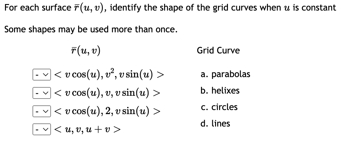 Solved For each surface ?bar (r)(u,v), ﻿identify the shape | Chegg.com