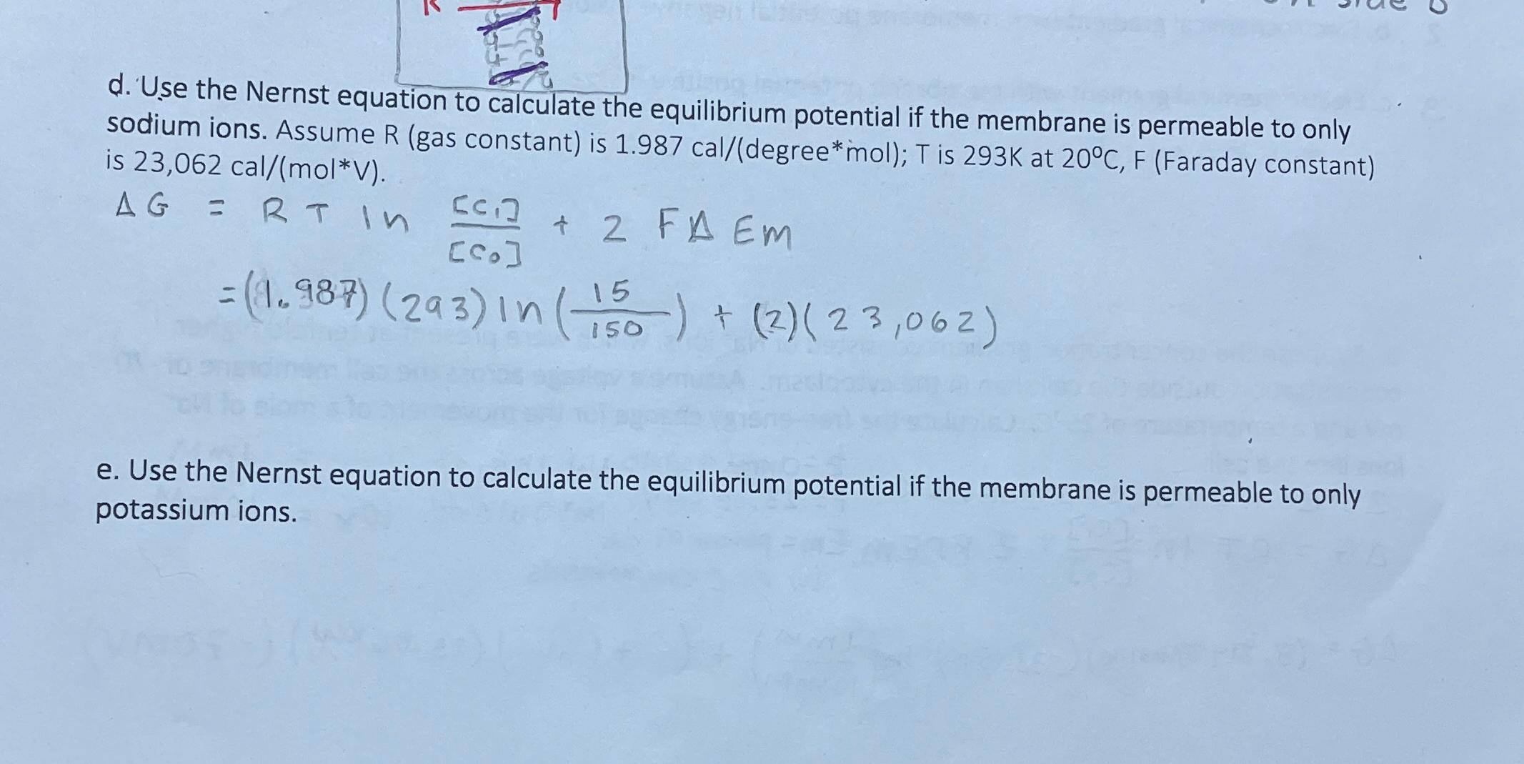 Solved d. ﻿Use the Nernst equation to calculate the | Chegg.com