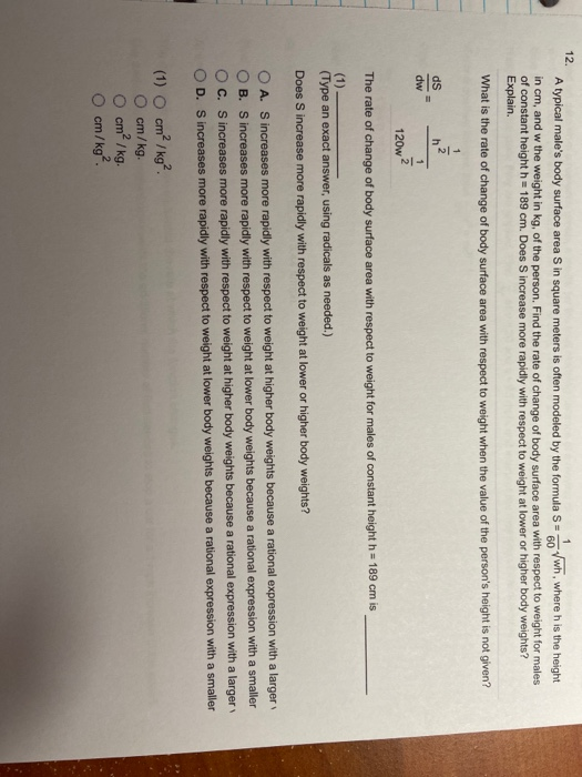 Solved 12 A typical male's body surface area S in square | Chegg.com